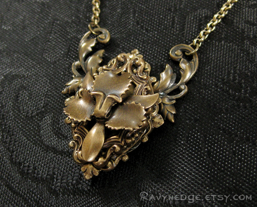 Obsession Necklace - Brass Filigree Orchid Pendant by RavynEdge.